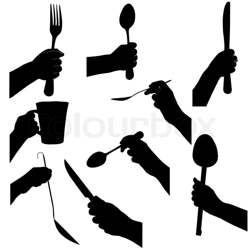 Hands hold kitchen tools cooking, feeding and eating symbols | Stock ...