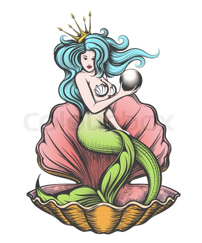 Long-haired mermaid in an open pearl ... | Stock vector | Colourbox