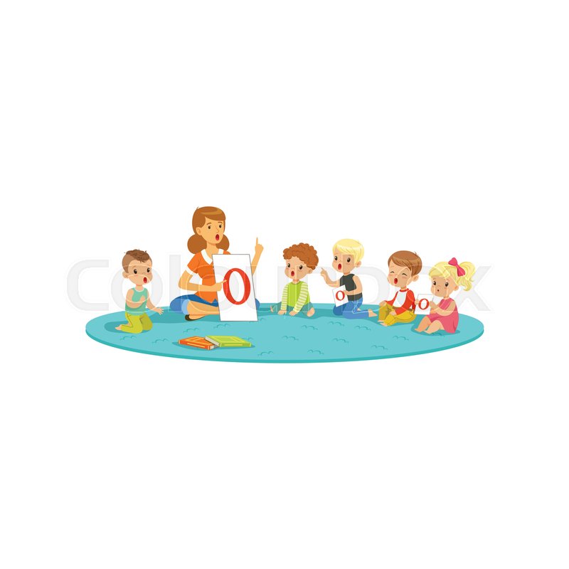 Group of little kids sitting on carpet ... | Stock vector | Colourbox