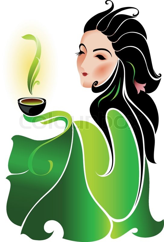 Woman with cup of green tea on white ... | Stock vector | Colourbox