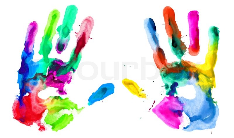 Multicolored hand print on white ... | Stock image | Colourbox