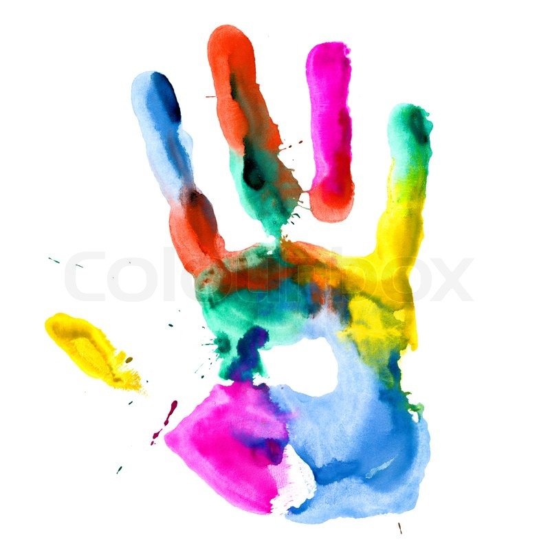 Close up of colored hand print on white ... | Stock image | Colourbox