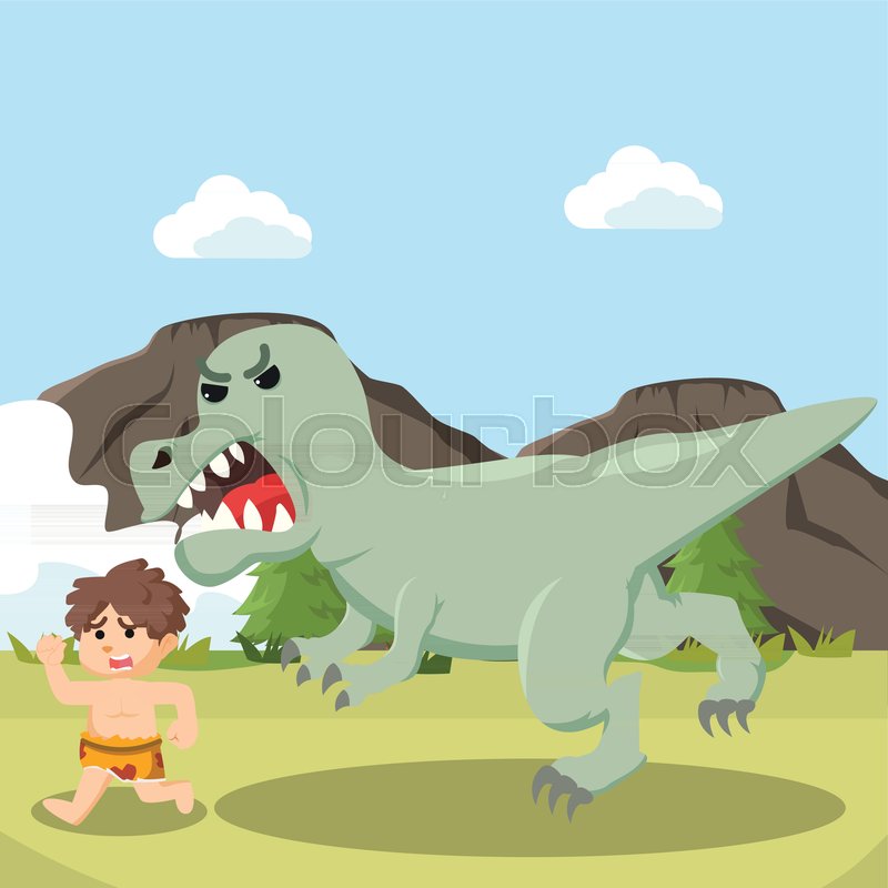 Caveman running from trex | Stock vector | Colourbox