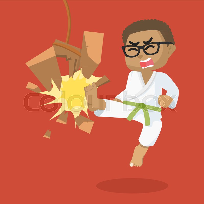 Boy green belt karateka breaking board | Stock vector | Colourbox