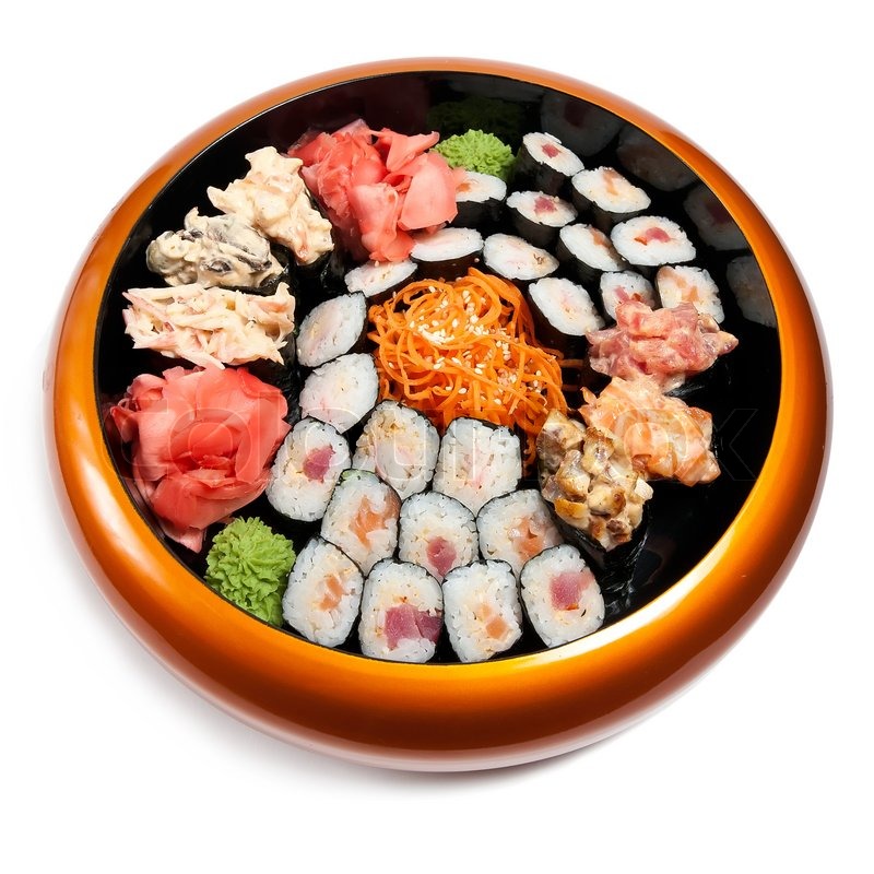 Set of sushi in wooden circle plate isolated on white | Stock Photo ...