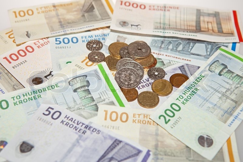 Danske pengesedler tæt på. 50, 100, 200, 500, 1000, kroner og mønter ...