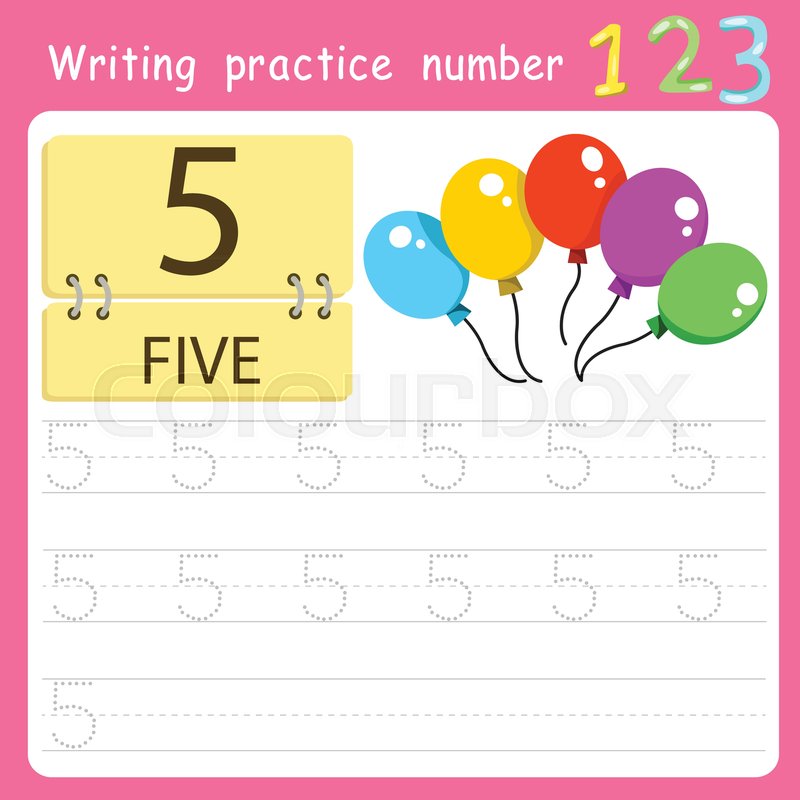 Worksheet Writing practice number five | Stock vector | Colourbox