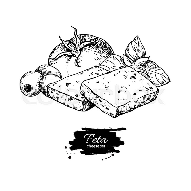 Greek feta cheese block slice drawing. ... | Stock vector | Colourbox