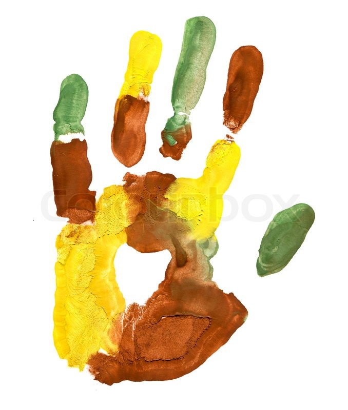 Close up of colored hand print on white ... | Stock image | Colourbox