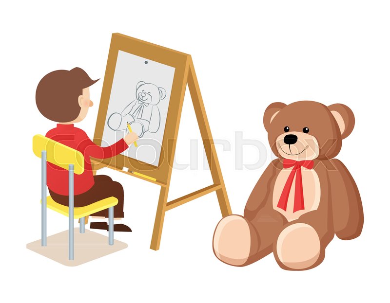 Boy drawing teddy bear with red ribbon ... | Stock vector | Colourbox
