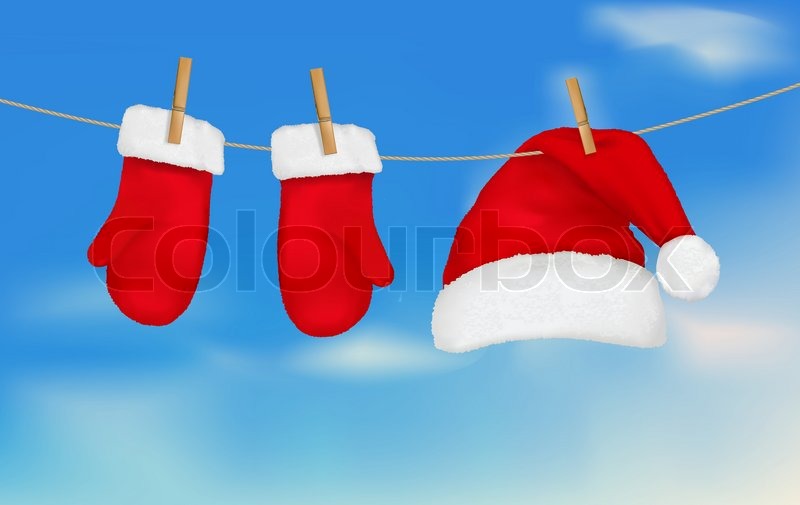 Santa hat and mittens hanging. ... | Stock vector | Colourbox