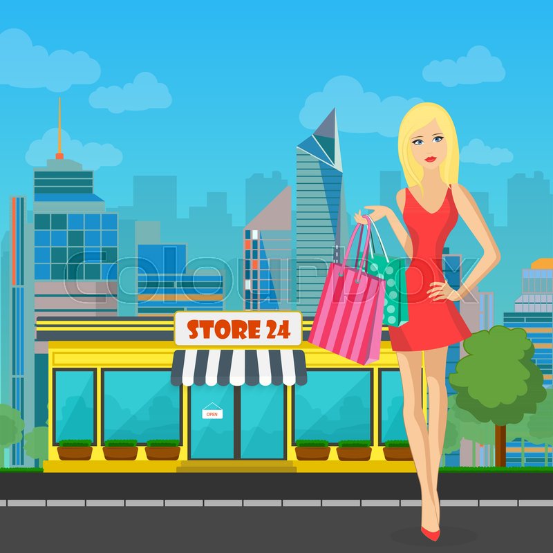 Vector shopping girl with shopping ... | Stock vector | Colourbox