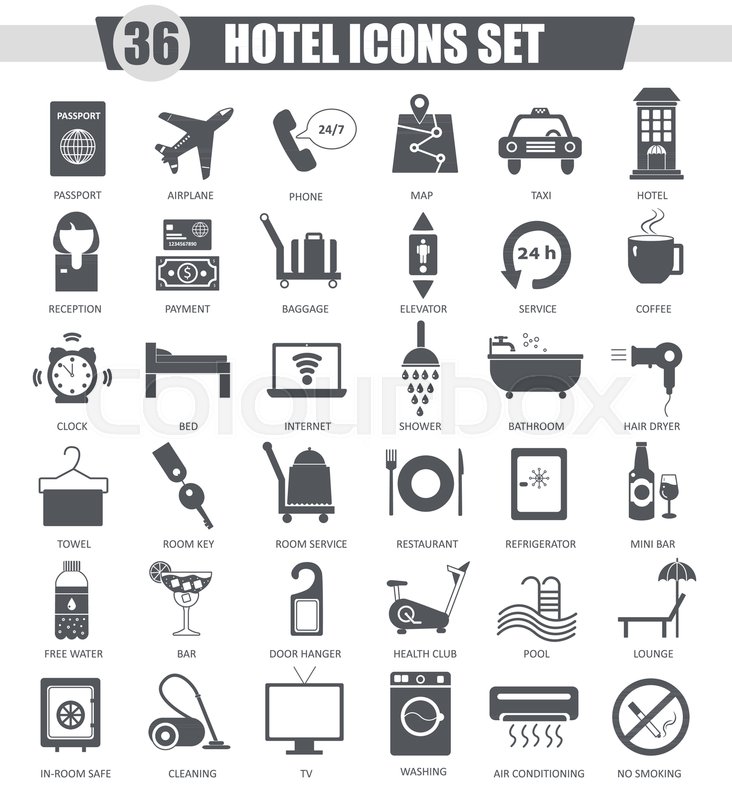 Vector Hotel black icon set. Dark grey ... | Stock vector | Colourbox