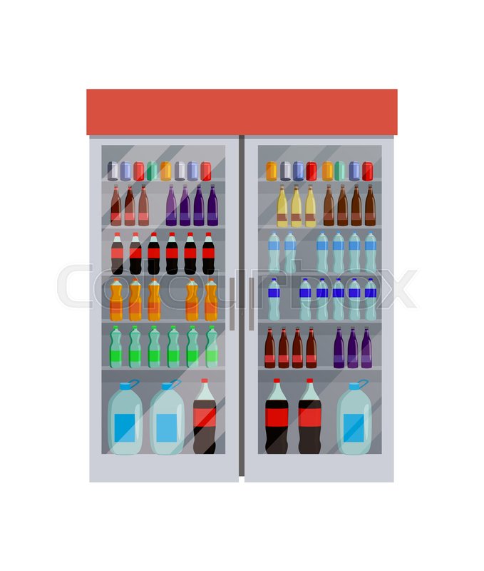 Fridge full of bottles of water, ... | Stock vector | Colourbox