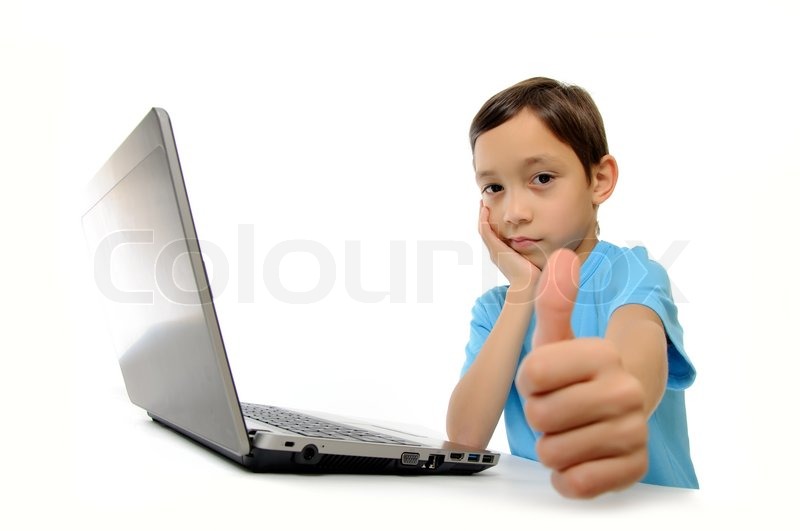 Boy with laptop isolated on white ... | Stock image | Colourbox