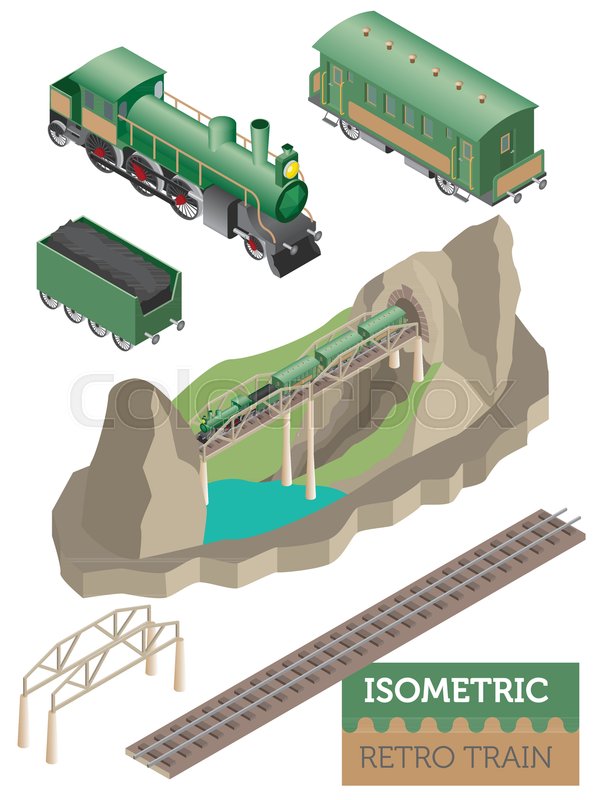 3d isometric retro railway with steam ... | Stock vector | Colourbox