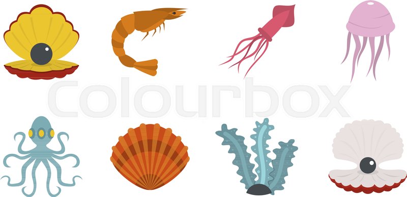 Sea creature icon set. Flat set of sea ... | Stock vector | Colourbox