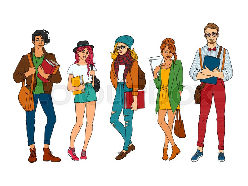 Vector sketch young teen students set. ... | Stock vector | Colourbox