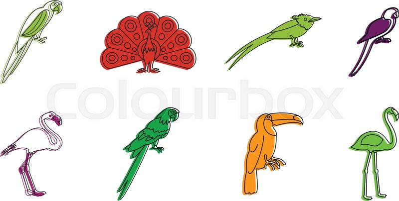 Exotic birds icon set. Color outline ... | Stock vector | Colourbox