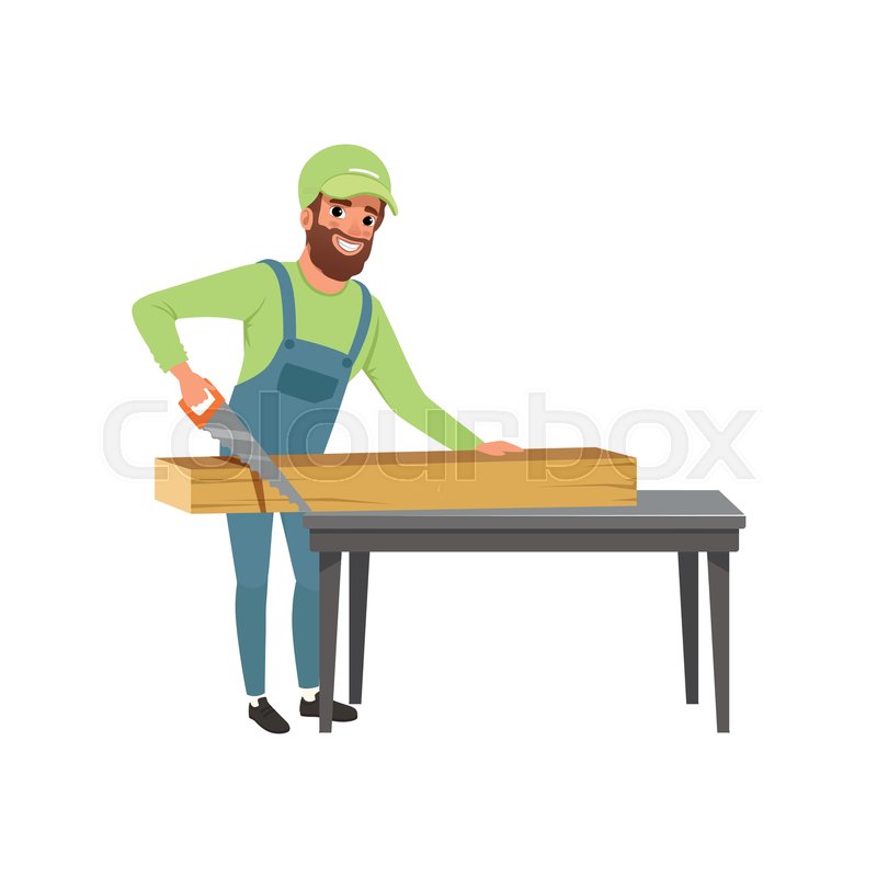 Male carpenter in uniform cutting a ... | Stock vector | Colourbox
