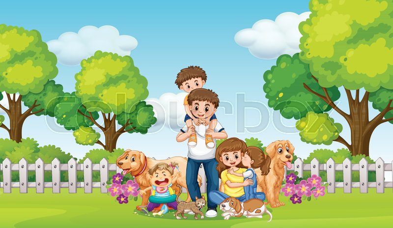 Happy family and pets in the park ... | Stock vector | Colourbox