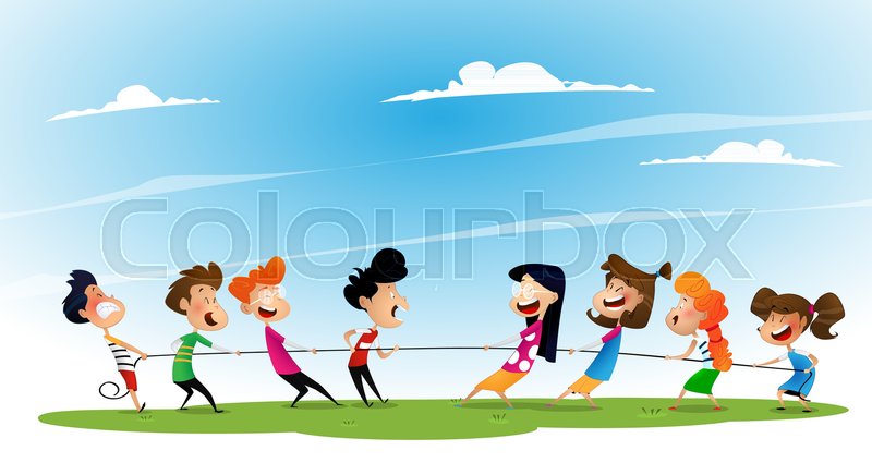 Fun cartoon boys and girls pulling ... | Stock vector | Colourbox
