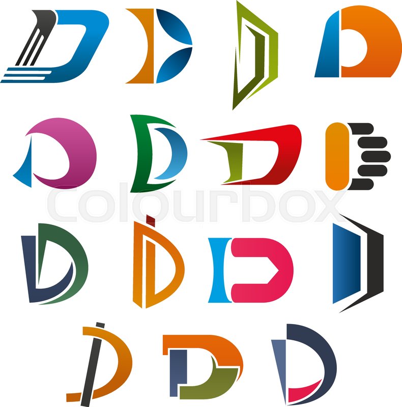 D symbol set of abstract capital letter font. Orange, blue, red and ...
