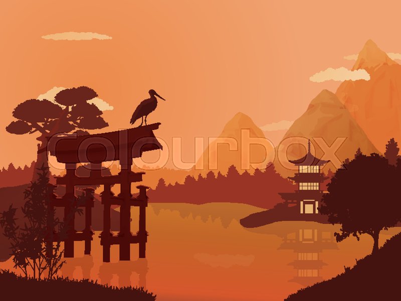 Traditional Japanese landscape. Rising ... | Stock vector | Colourbox
