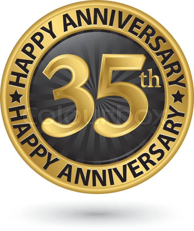 35 years happy anniversary congratulations gold label with ribbon ...