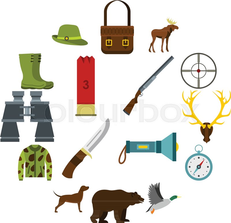 Hunting icons set in flat style. ... | Stock vector | Colourbox