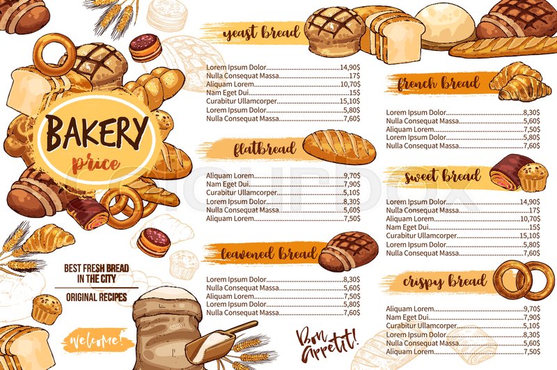 Bakery menu of fresh bread product for ... | Stock vector | Colourbox