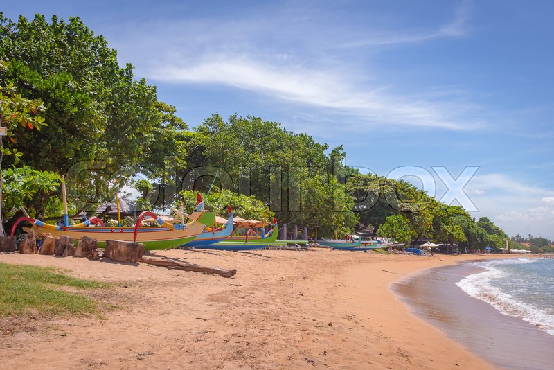 Beach with traditional red and blue ... | Stock image | Colourbox
