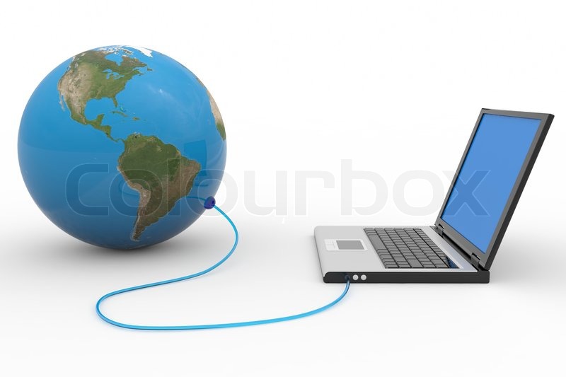 Laptop connected to the earth sphere. Computer generated image. | Stock ...
