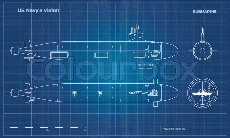 Blueprint of submarine. Military ship. ... | Stock vector | Colourbox