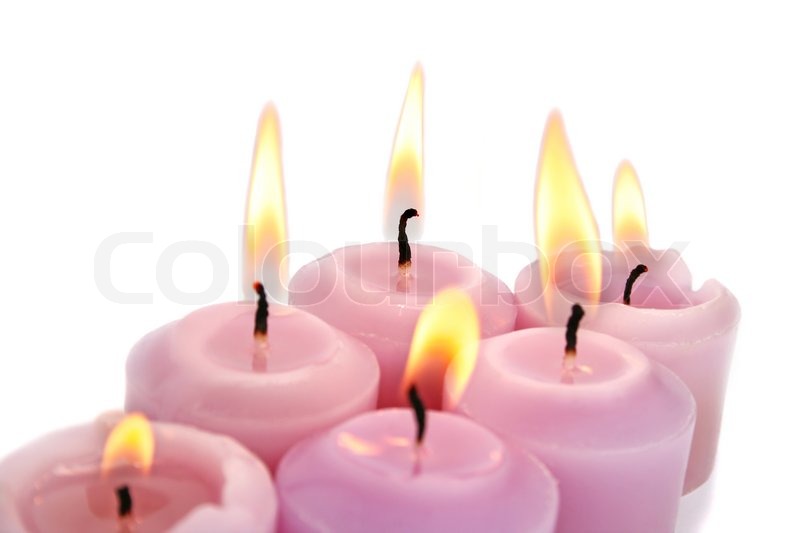 Pink burning candles isolated on white ... | Stock image | Colourbox