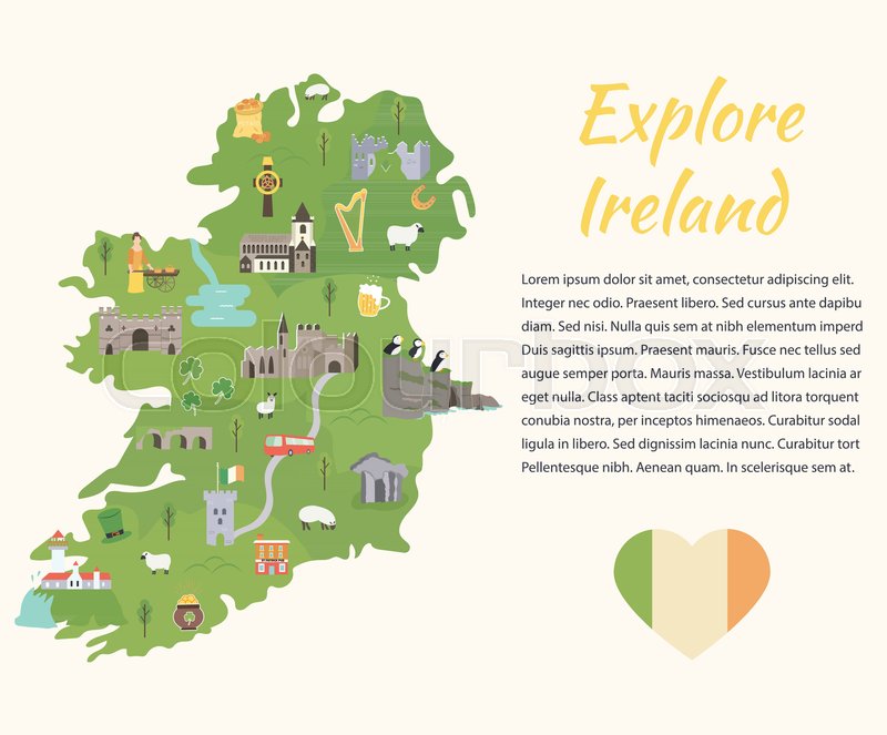 Irish map with symbols of Ireland, destinations | Stock vector | Colourbox
