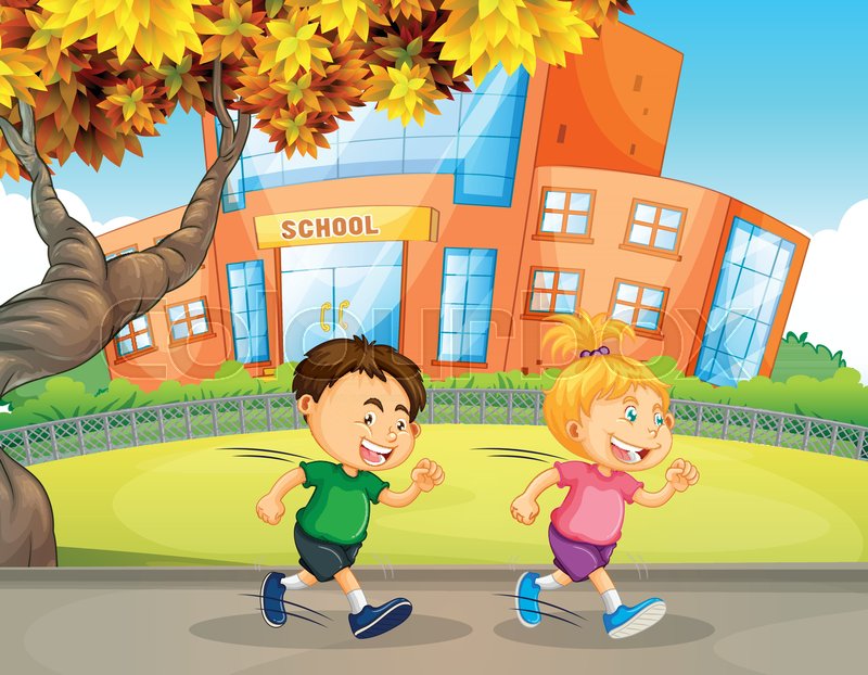 Children Running in Front of School ... | Stock vector | Colourbox