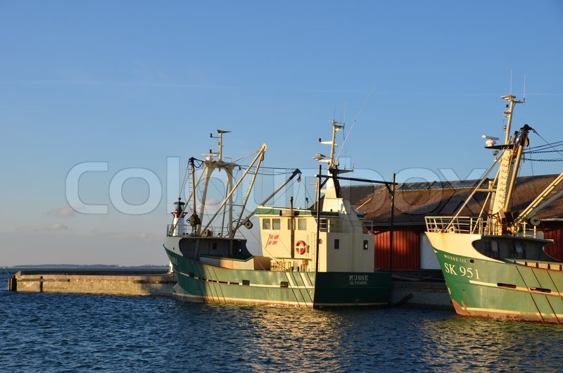 Fiskekutter grøn og gul liggende i havn | Stock foto | Colourbox