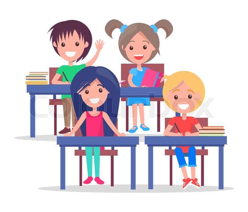 Vector of classmates sitting at desks ... | Stock vector | Colourbox