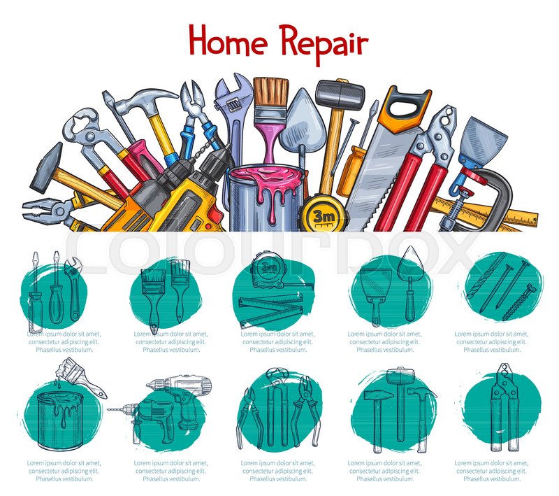 Home repair work tools sketch poster ... | Stock vector | Colourbox