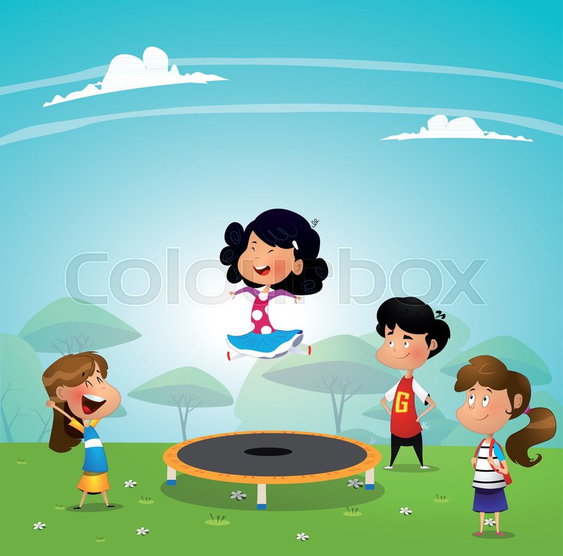 Cartoon little kid playing trampoline ... | Stock vector | Colourbox