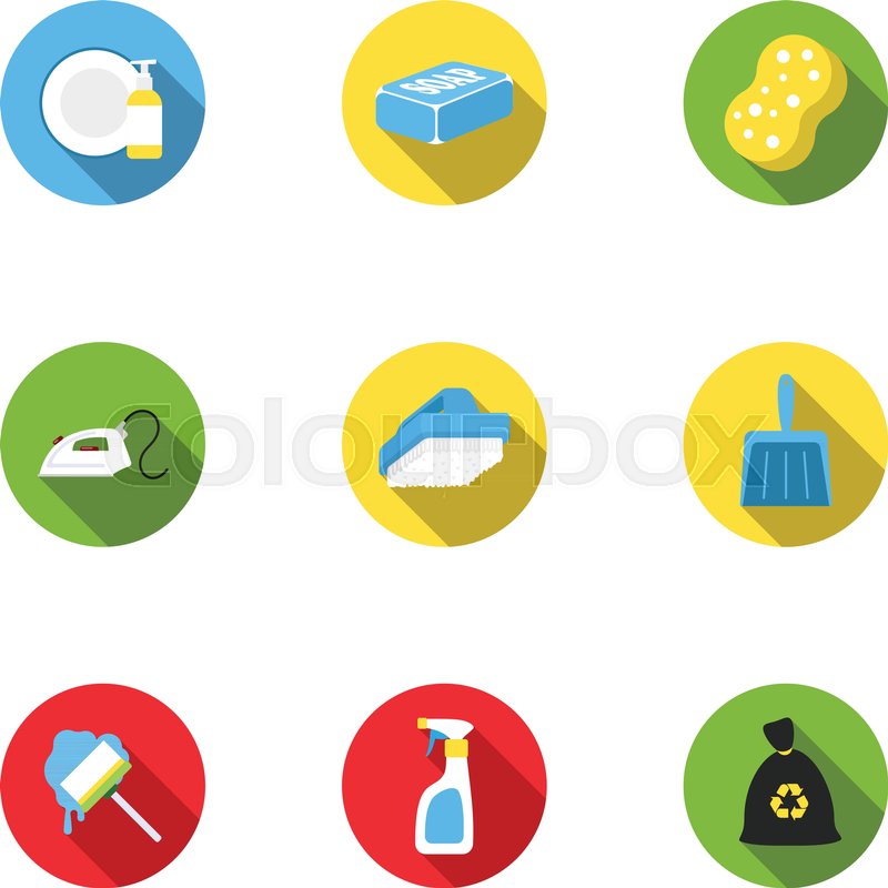 Cleaning set icons in flat style. Big ... | Stock vector | Colourbox