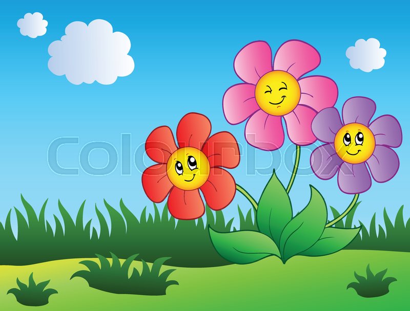 Three cartoon flowers on meadow - ... | Stock vector | Colourbox