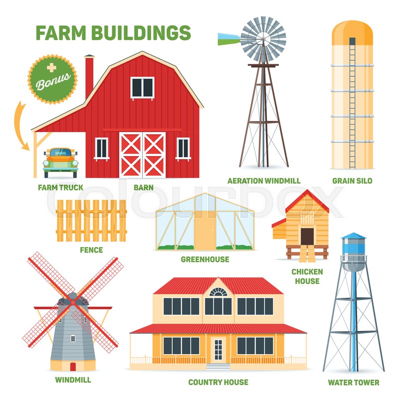Farm buildings set. Cartoon images of ... | Stock vector | Colourbox