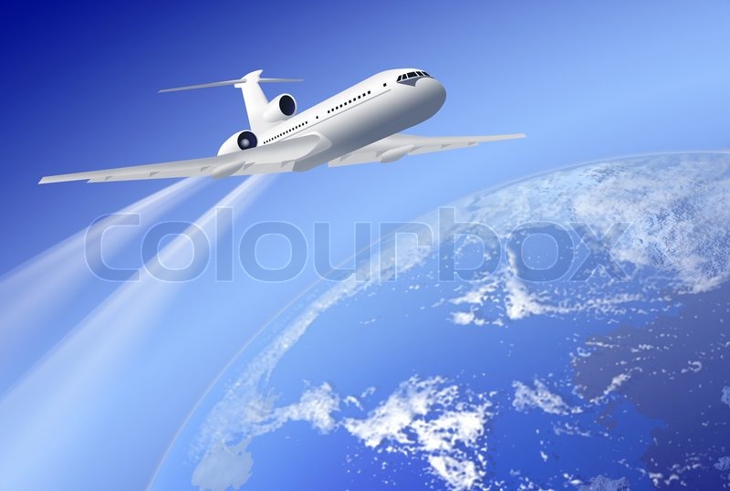 Airplane over earth on blue background | Stock image | Colourbox