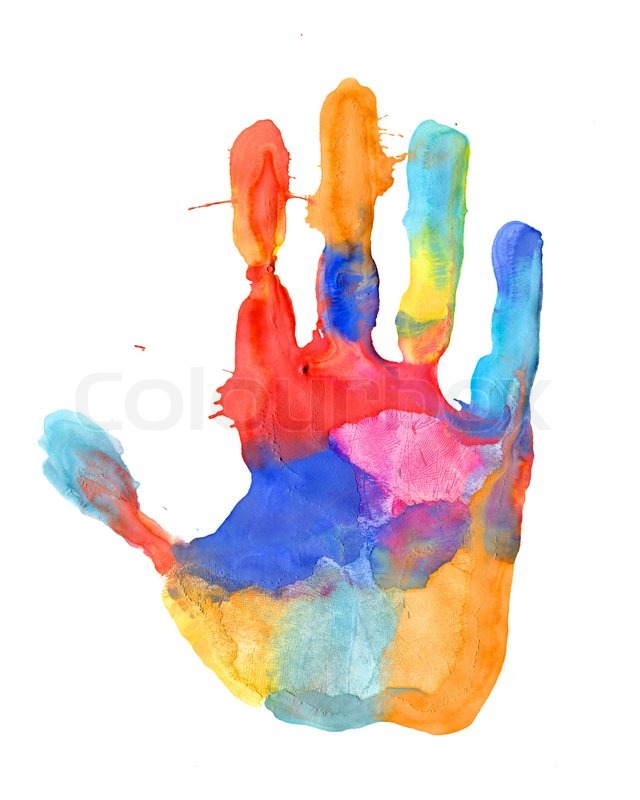 Close up of colored hand print on white ... | Stock image | Colourbox