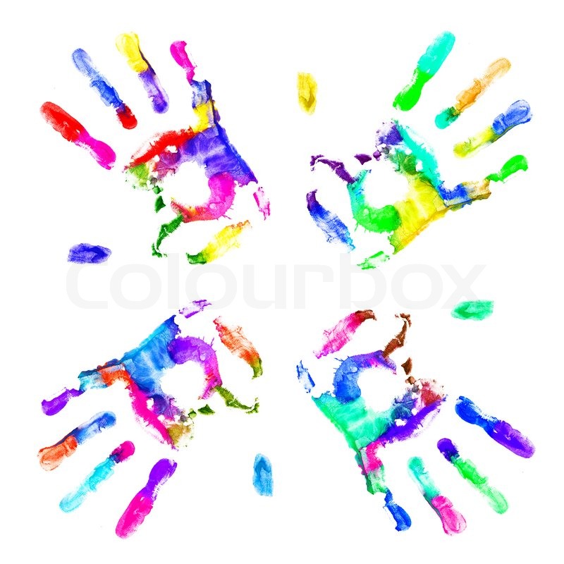 Multicolored hands print on white ... | Stock image | Colourbox
