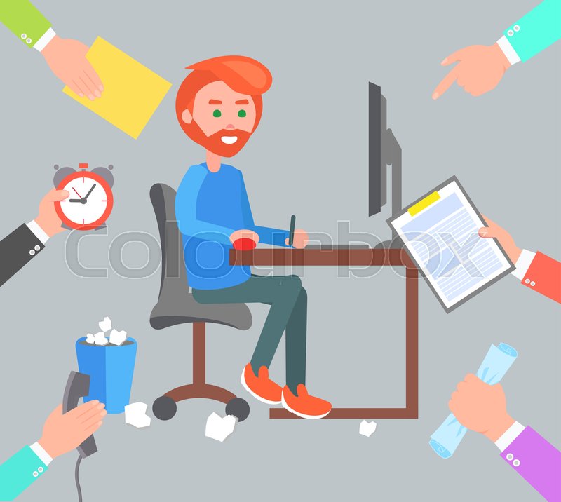 Busy man work at computer and hands ... | Stock vector | Colourbox