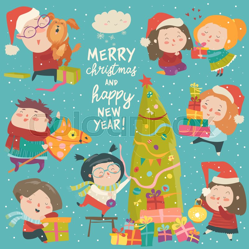 Happy cartoon children with Christmas ... | Stock vector | Colourbox