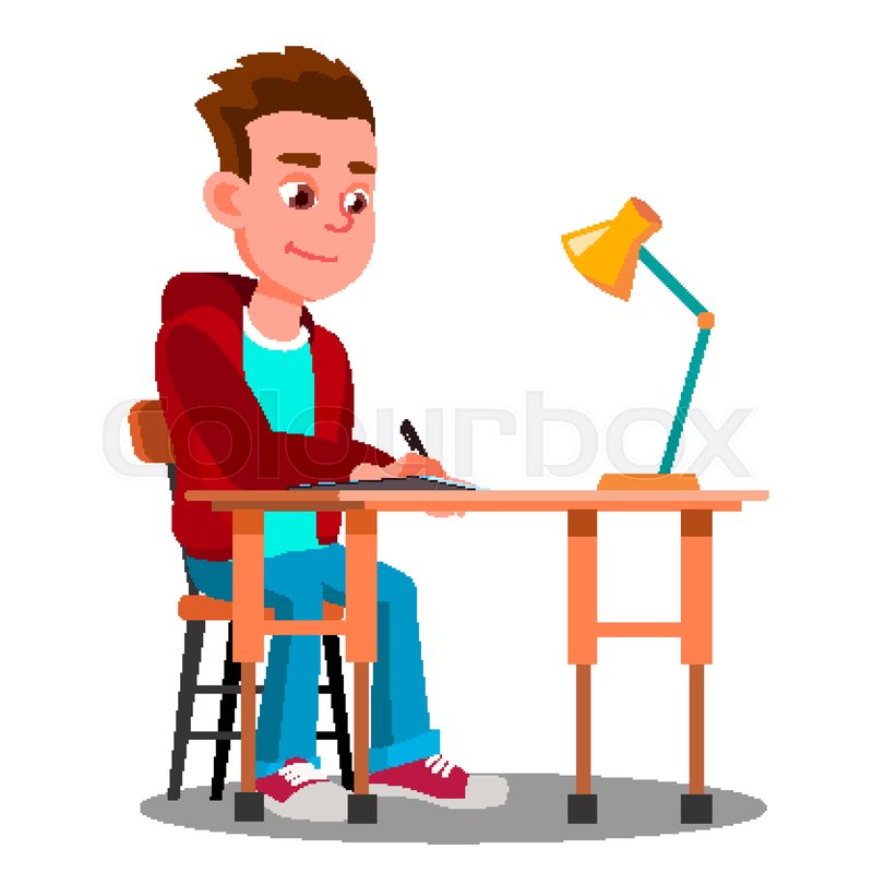 Writing Boy At The Table With Desk ... | Stock vector | Colourbox